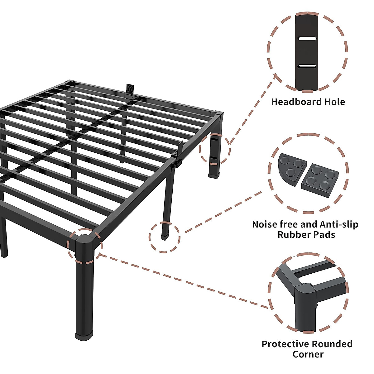 ROIL 18 inch Twin Bed Frames with Headboard Hole and Round Corner Legs Mattress Retainers 3500LBS Heavy Duty Steel Slats No Box Spring Needed Platform Noise-Free Easy Assembly