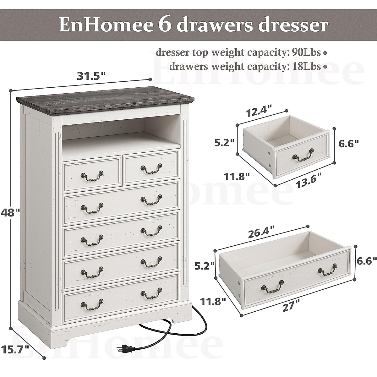 EnHomee Farmhouse 6 Drawer Dresser for Bedroom LED Light & Power Outlets, 48" H Solid Wood Dressers & Chests of Drawers with Natural Texture, Tall Dressers for Bedroom, Hallway (Antique White)
