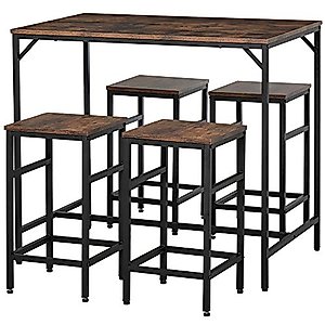 HOMCOM 5-Piece Industrial Dining Table Set, Bar Table & 4 Stools Set, Space Saving for Pub & Kitchen, Black/Brown