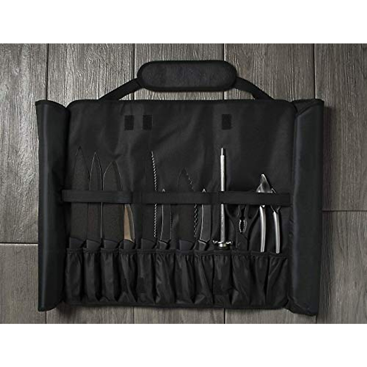 Asaya Chef Knife Roll Bag - 20 Total Pockets for Knives and Kitchen Utensils - Made with Stain Resistant Waxed Nylon - For Chefs and Culinary Students - Knives Not Included(Black)