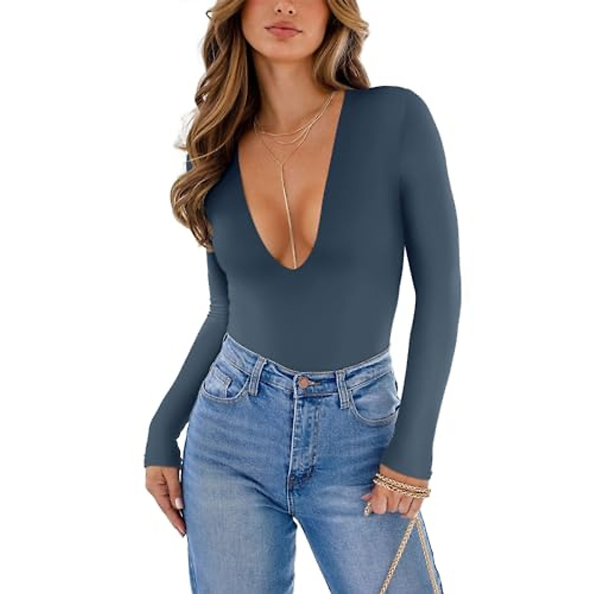 REORIA Womens Sexy Casual One Piece Bodysuit Jumpsuit Y2k Fashion Deep V Neck Long Sleeve Bodycon Tops Star Blue XX-Large
