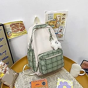 Aesthetic Backpack Sage Green Backpack for Teens Girls, Kawaii Plaid School bags Preppy Backpack for School, Large Capacity Casual Daypack (Sage Green)