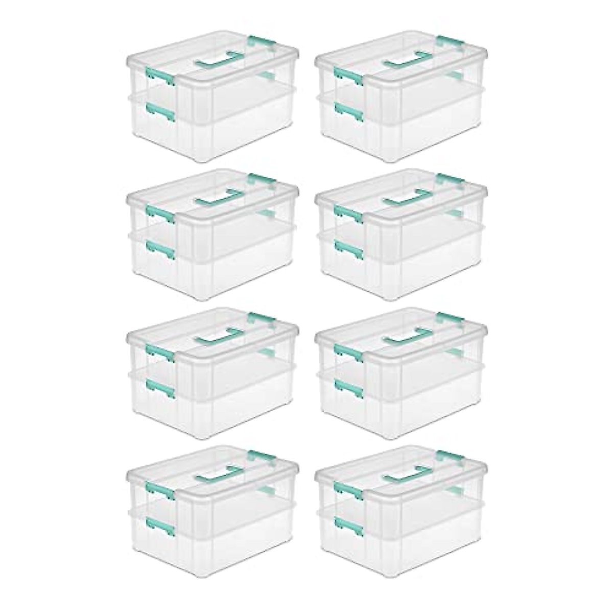 Sterilite Stack and Carry 2 Layer Handle Box, Stackable Plastic Small Storage Container with Latching Lid, Bin to Organize Crafts, Clear, 8-Pack