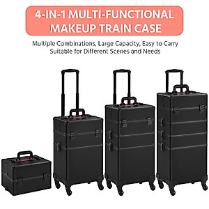Yaheetech 4 in 1 Professional Makeup Train Case Aluminum Cosmetic Case Rolling Makeup Case Extra Large Trolley Makeup Travel Organizer, with 360° Swivel Wheels, Black