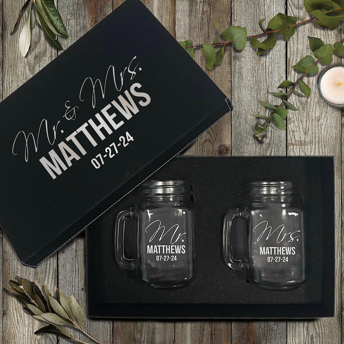 My Personal Memories Set of 2 Mr and Mrs Personalized Mason Jar Glasses - Engraved, Custom, Monogrammed Barware Glassware Gifts
