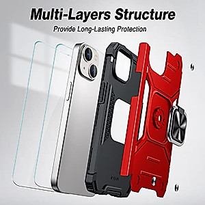 JAME for iPhone 14 Case with Screen Protector [2 PCS], Shockproof Bumper Case for iPhone 14 Case for Women & Men, Heavy-Duty Protection with Metal Ring Kickstand Case for iPhone 14, Red