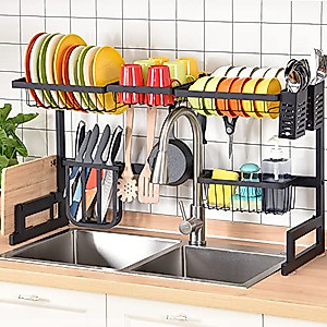 TOOLF Over Sink Dish Dying Rack, Large Capacity Dish Rack, 2-Tier Dish Drainer, Sink Organize Stand Shelf with Utensil Holder&Hooks, Kitchen Counter Supplies Storage for Plates Bowls Pots, Black
