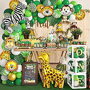Amandir Wild One Birthday Decorations Balloon Boxes, Animal Print Green Gold Balloon Garland Arch Kit Number1 Artificial Leaves for Safari Jungle Theme First 1st Birthday Party Supplies Kids Boy Girl