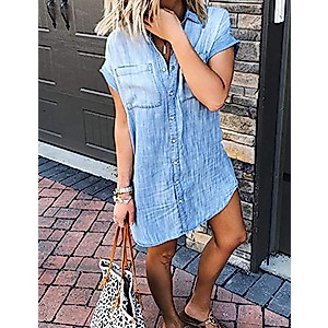 Women Denim Shirt Dresses Short Sleeve Distressed Jean Dress Button Down Casual Tunic Tops Blue XXL