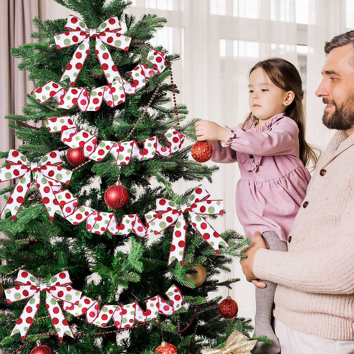 Tatuo 2 Rolls Christmas Glitter Wired Ribbon Christmas Tree Burlap Ribbon Green Red Polka Dot Ribbon Sparkly Xmas Tree Decoration DIY Bows Wreath(1.5 Inch x 6 Yard Per Roll,White Base)