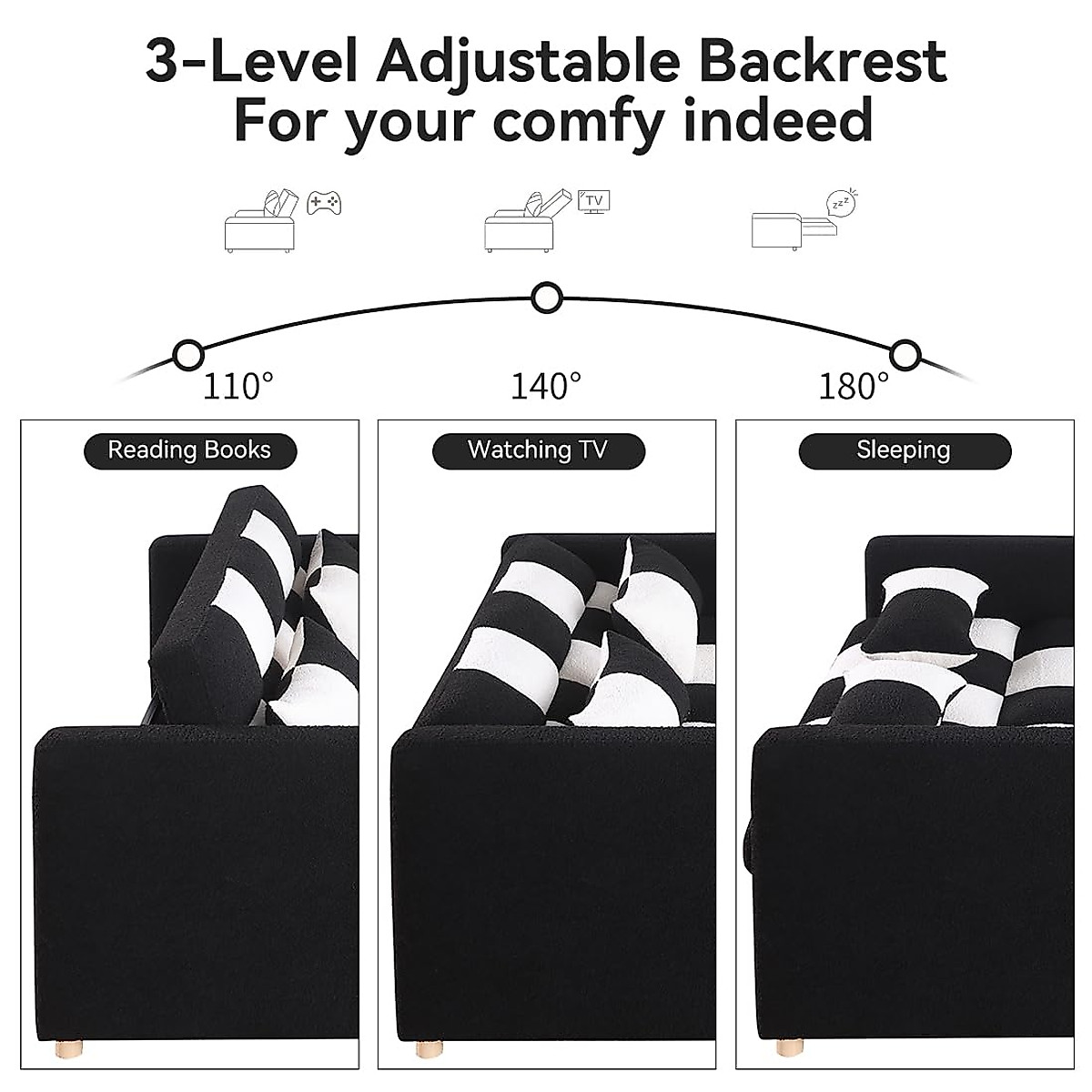 VITOVMA Twin Sleeper Sofa Teddy Fabric Loveseat Couch, 3 in 1 Convertible Sleeper Chair Bed Pull Out Sofabed with Reclining Backrest, 2 Pillows, RV Furniture for Small Places (Black & White)