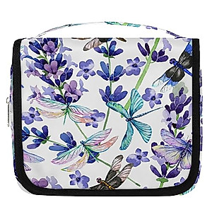Dragonfly Purple Flower Travel Toiletry Bag Cosmetic Makeup Bag for Women Men Hanging Hook Wash Toiletries Portable Toiletry Bags Organizer