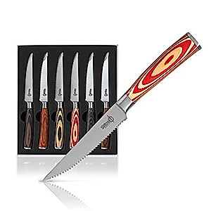 Slitzer Germany 6-Piece 9 Inch Steak Knife Set - Professional, High-Performance Serrated Knife Blades, Pakkawood Handles - Stainless Steel Hand Bolster & Butt