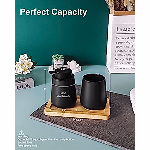 Black Soap Dispenser and Toothbrush Holder Set of 2, 12oz Ceramic Hand Soap Dispenser and Toothbrush Cup Holders for Farmhouse Bathroom Decor with Wooden Tray