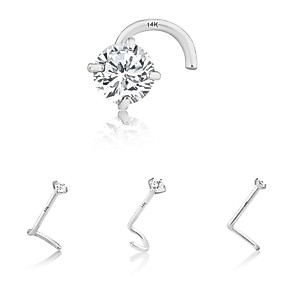 14K Solid White Gold, Twisted Bar Nose Stud, Diamond Nose Stud, Micro Nose, Screw Nose Stud, Body Jewelry White Gold (3.50 ml Cubic Zircon)