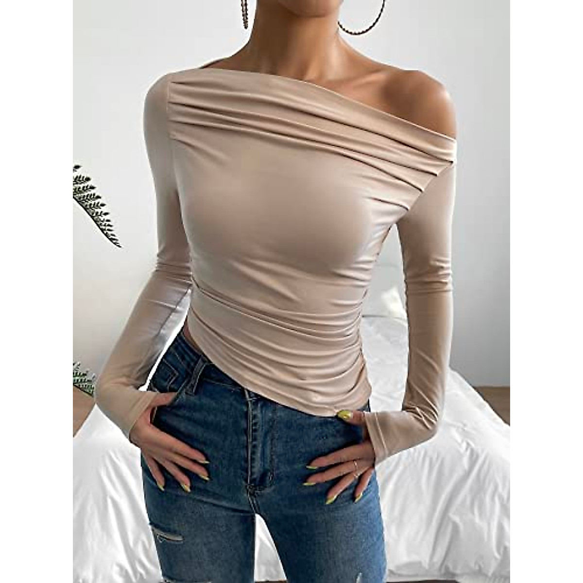 Floerns Women's Asymmetrical Neck Long Sleeve Ruched Solid Crop Top Tee Shirt Apricot M