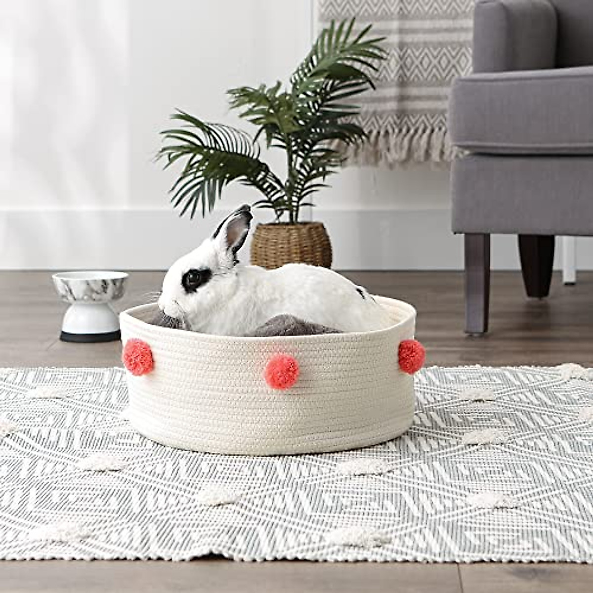 Bone Dry Pet Storage Collection Decorative Cotton Rope Basket/Bed, 15.75x6.25, White/Pink Pom Poms