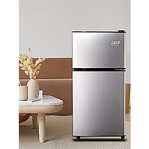 KRIB BLING Refrigerator with Freezer 3.5 Cu.Ft with 7 Level Adjustable Thermostat Control 2 Door Energy Saving Top-Freezer Compact Refrigerator Silver
