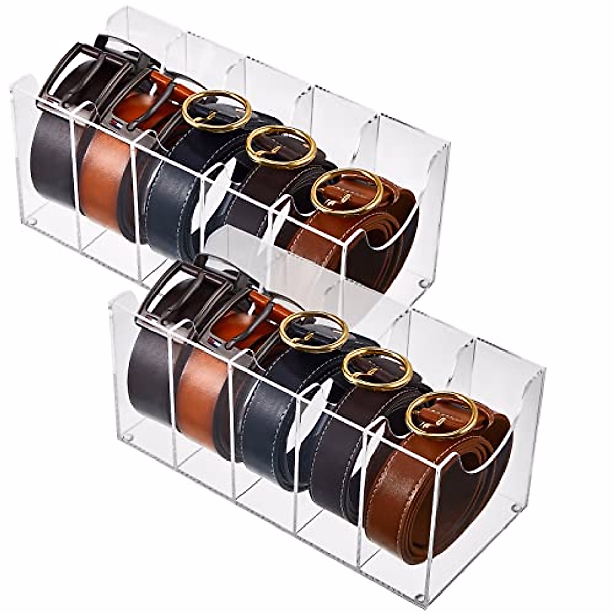 Juexica 2 Pieces Belt Organizer Clear Acrylic Storage Holder 5 Compartments Display Case Bow Tie Container for Men Closet Watch Jewelry Cosmetics Makeup