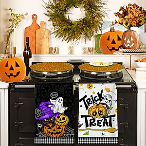 Unibyby Halloween Kitchen Towels, Halloween Pumpkin Towels Set of 2, Trick or Treat Dish Towels for Kitchen with Black Cat and Ghost Buffalo Plaid Decorations for Home, 18x28 Inches