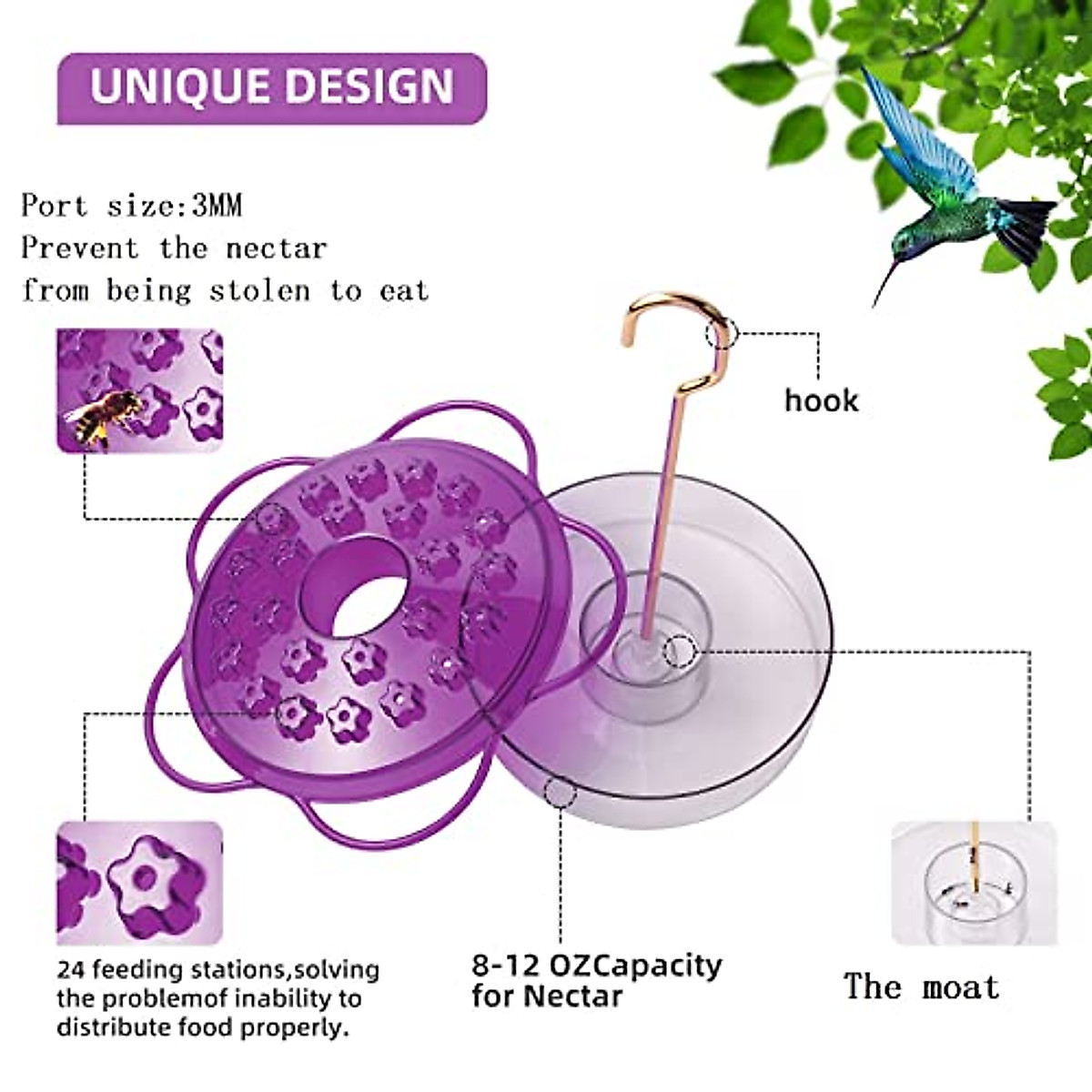 Oubaiyi 2Sets Hummingbird Feeder Outdoor Hanging,Leak-Proof,Outside Garden Saucer Feeders w/ Moat,Easy to Clean & Refill w/ 2Brush+1Cleaning Cloth), 1Red+1Purple+2Brush+1Cleaning Cloth, 10x7x7Inches