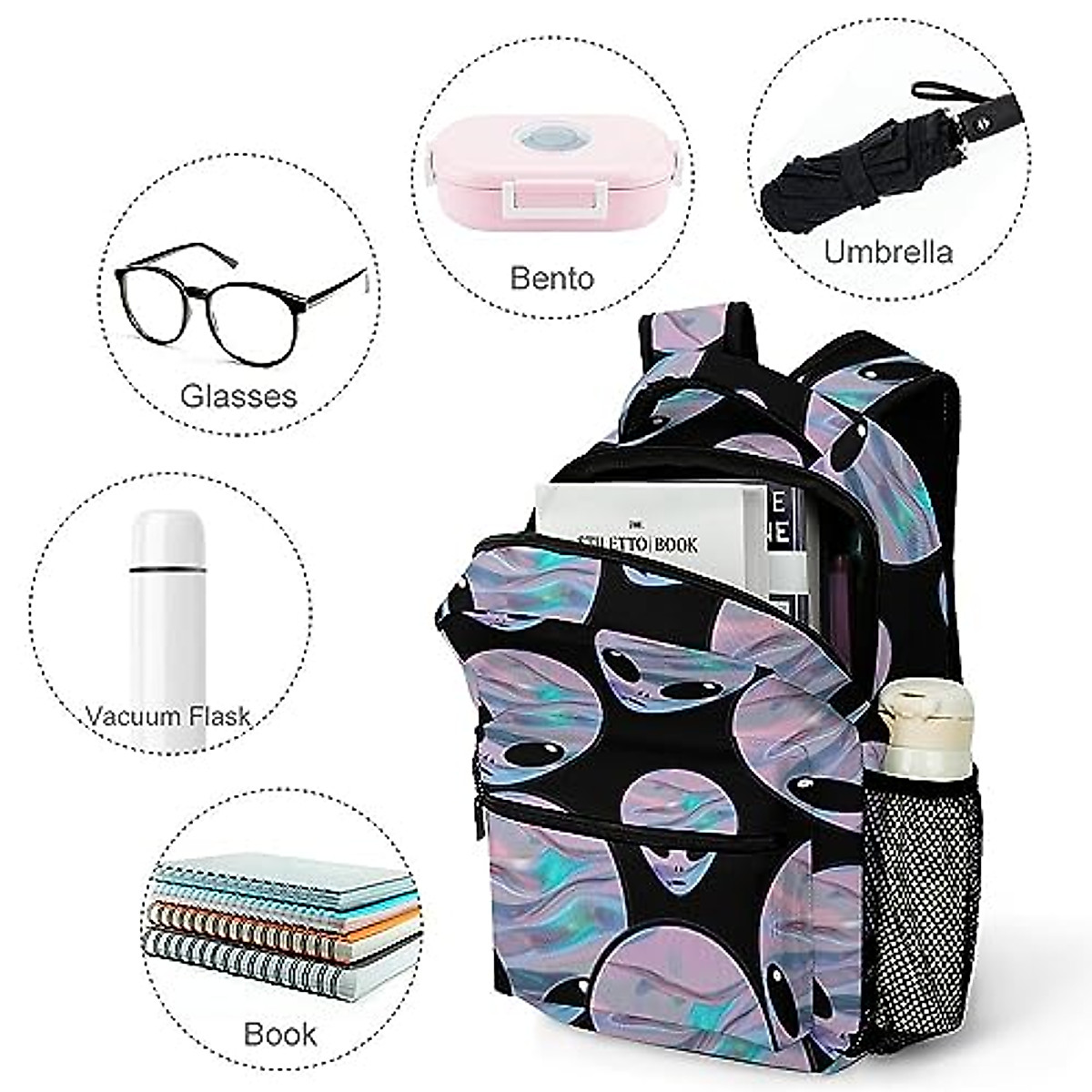 Space Alien Travel Laptop Backpack Casual Daypack with Mesh Side Pockets for Book Shopping Work