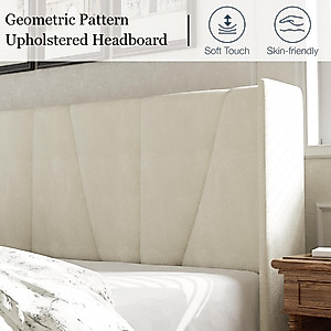 HAOARA Queen Size Bed Frame with Headboard, Velvet Upholstered Platform Bed Frames, Contemporary Mattress Foundation, Noise Free, No Box Spring Needed, Easy Assembly, Beige