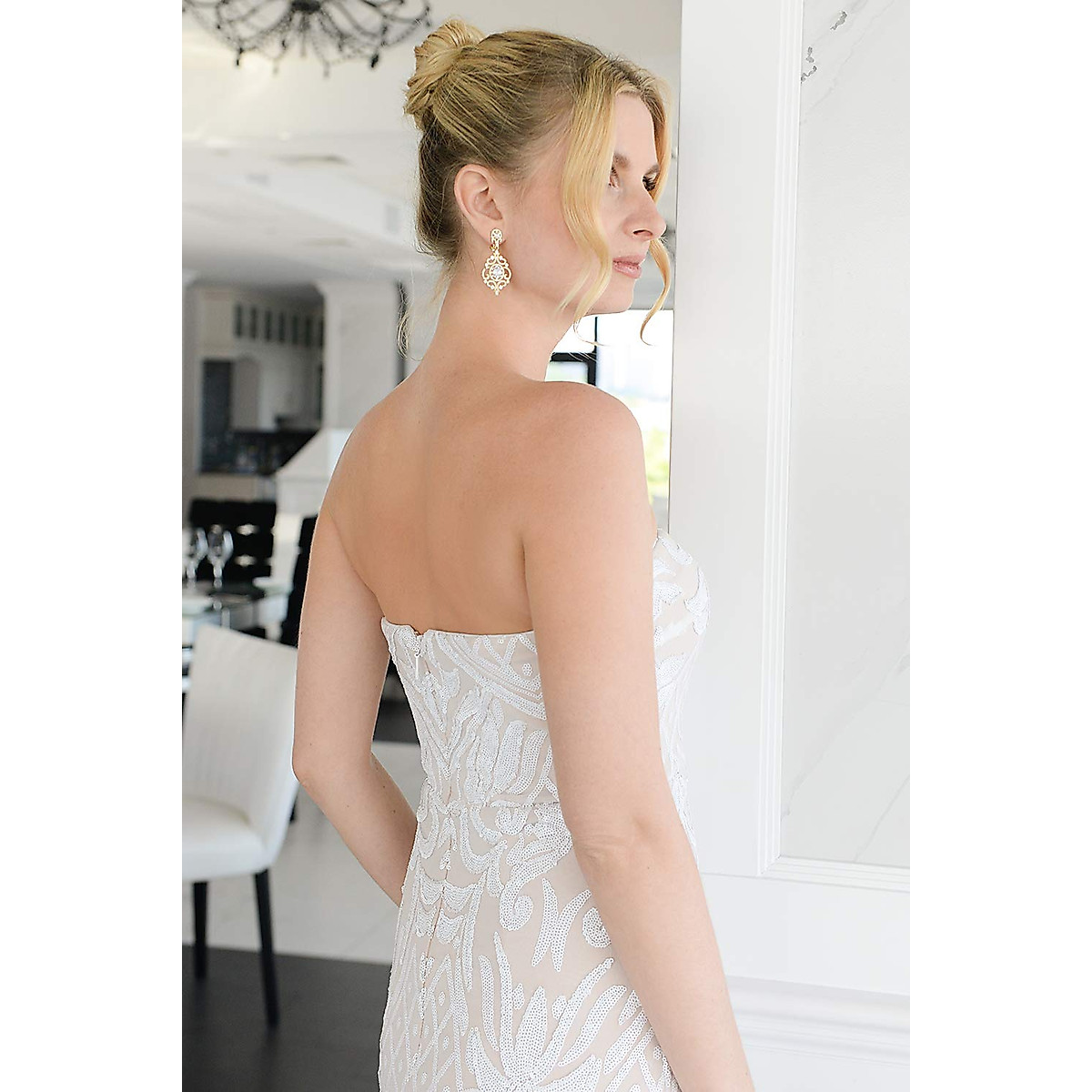 Mariell 14K Gold Plated Clip-On Earrings Cubic Zirconia Wedding or Evening Victorian Scroll Chandelier