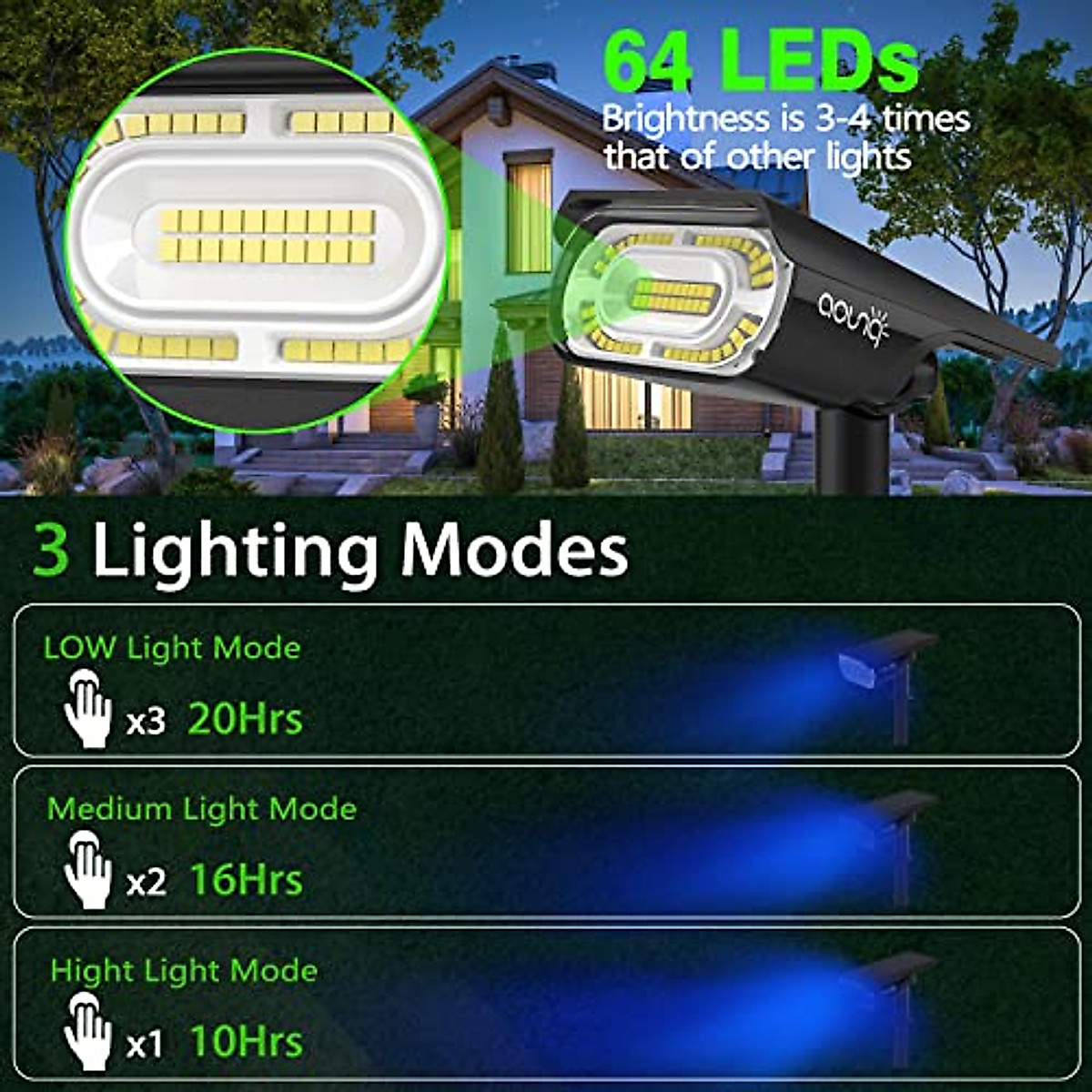 AOUNQ Solar Spot Lights Outdoor Landscape Lighting Blue, [64 LEDs/1000 Lumens/3 Modes] 2-in-1 Solar Outdoor Lights, IP67 Solar Spotlights Outdoor Waterproof Pathway Garden Lights for Yard Tree, 2 Pack