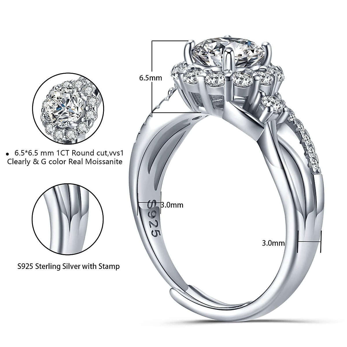 Atylyk 1 Carat Moissanite Adjustable Engagement Ring Wedding Promise 925 Sterling Silver Solitaire Rings for Women (Flower Ring)