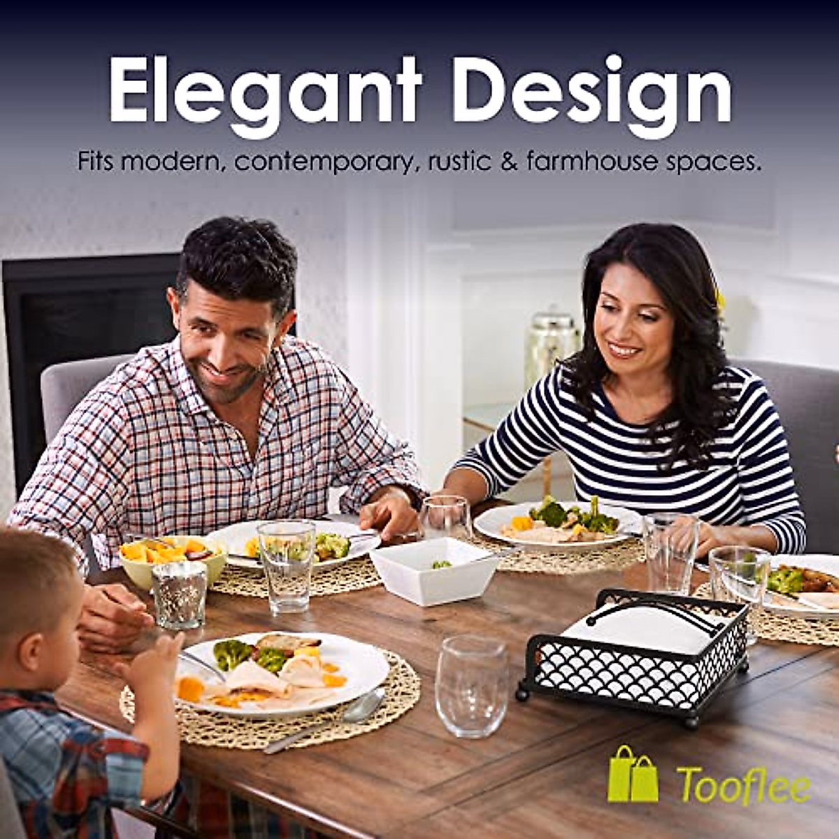 Elegant Flat Paper Napkin Holder with Dispenser Arm - Napkin Holders for Table, Kitchen, Countertops & Outdoor Tables - Square Metal Lattice Basket Dinner Napkin Holder -Napkins Dispenser (Black)