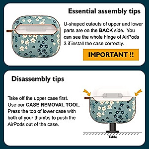 TATOFY Case Cover for AirPods 3, AirPods 3 Case for Women, Flora Protective Hard Case with Carabiner, Led Visible, Wireless Charging Compatible (Cyan)