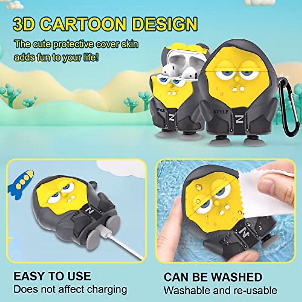 [7 in 1] Case for Airpods 2&1 Cute Funny Air Pods Cover, 3D Cartoon Character AirPod 2 Cover Silicone Protective Skin Boys Girls Fashion Kawaii Case for Apple Airpods1/2 with Keychain (Yellow)