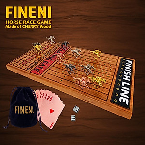 FINENI Horse Racing Game for Adults, Horse Race Board Game with 11 Luxurious Metal Horses (Gold, Silver, Black, Rose Gold), 22” Cherry Wood Horse Race Game Board, Dice & RoseGoldCard Included (Cherry)