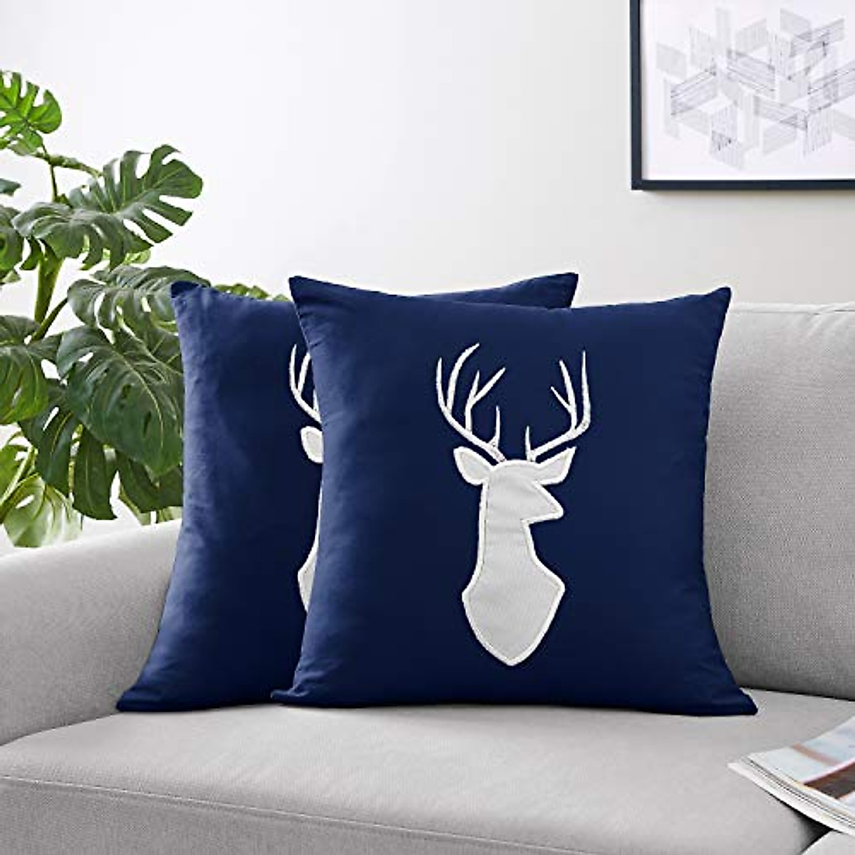 Sweet Jojo Designs Navy White Deer Decorative Accent Throw Pillows for Navy Blue, Mint and Grey Woodsy Boys Bedding Sets - Set of 2
