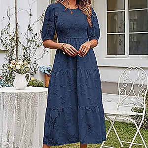 BBIQI Women's Summer Women's Puff Sleeve Crewneck Flowy Midi Dress Pink Dresses Stereoscopic Ruffle Floral Dresses Graduation Dress