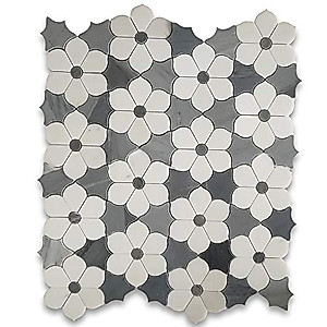 Stone Center Online Thassos White Marble Magnolia Flower Mosaic Tile w/Bardiglio Gray Polished Kitchen Bath Wall Floor Backsplash Shower (1 Sheet)