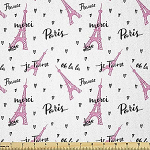 Lunarable Eiffel Tower Fabric by The Yard, France Paris Oh La La Eiffel Tower Hearts Calligraphy Doodle Style Artwork, Stretch Knit Fabric for Clothing Sewing and Arts Crafts, 1 Yard, Black Pink