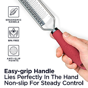 Deiss PRO Lemon Zester & Heavy Duty Cheese Grater & Vegetable Grater - Parmesan Cheese, Lemon, Garlic, Nutmeg, Chocolate, Fruits, Vegetables, Ginger Grater - Stainless Steel Cheese Shredder (RED)