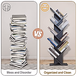 Aroktake Bookshelf, 9-Tier Black Tree Bookshelf, Anti-Tippling Wooden Bookshelves Storage Rack for Home Office, Living Room, Bedroom, Black