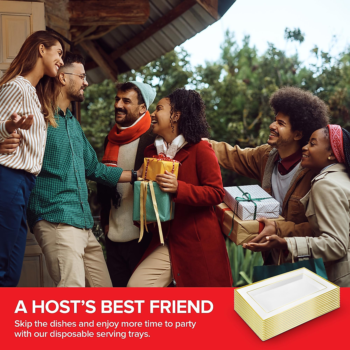 (12 Pcs) Premium White and Gold Plastic Serving Tray, Plastic Serving Platter Disposable, White Rectangle Party Trays and Platters for Fruit, Dessert, Cookies, Appetizers, Holiday Parties