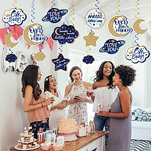 Twinkle Twinkle Little Star Baby Shower Decorations Hanging Swirls, 40 Pcs NO-DIY Over The Moon Baby Shower Decorations, Moon and Stars Baby Shower Whirls Glitter Foil Ceiling Swirls