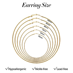 Sloong 6 pairs Big Hoop Earrings Set, Gold Stainless Steel Hoop Earrings Huge Giant Hoop Earrings Set Oversized Hoop Earrings 90s Earrings for Women (50/60/70/80/90/100mm)