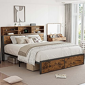 LIKIMIO Queen Bed Frame with Tall Boocase Headboard and Charging Station, Sturdy and No Noise Platform Bed, No Box Spring Needed, Easy Assembly, Vintage Brown