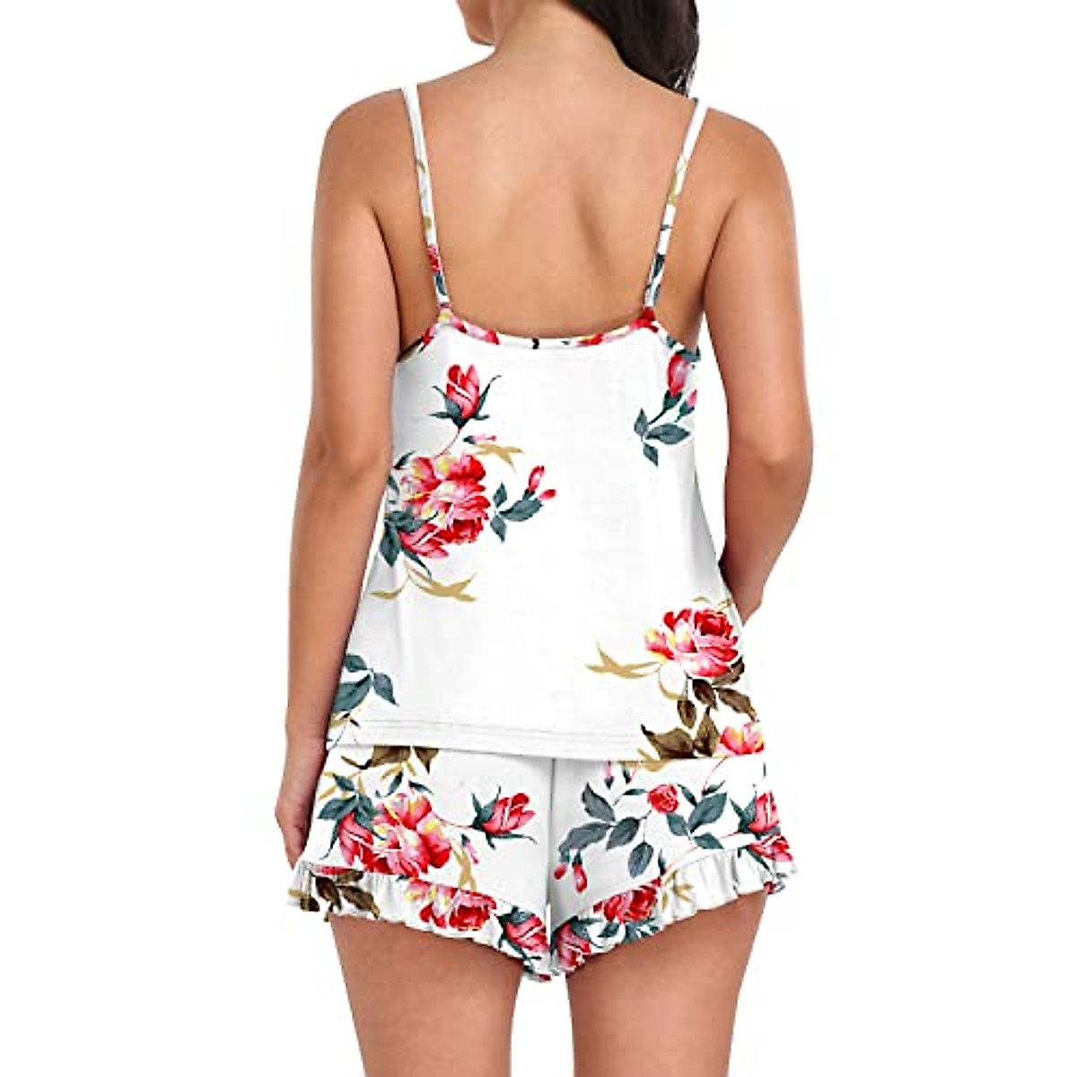 POPYOUNG Ruffled Camisoles Pajamas for Women's Sexy Sleepwear Soft Lingerie Cami Shorts Set Nightwear S,Floral White