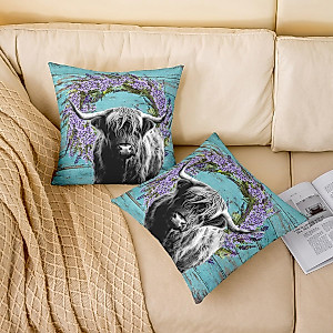 Rustic Farmhouse Wooden Board Pillow Cover Reversible Print for Bed or Sofa,Lavender Flowers Wreath Decorative Cushion Cover,Highland Cow Bull Cattle Couch Pillow Cover,Single Pack 24"x 24"