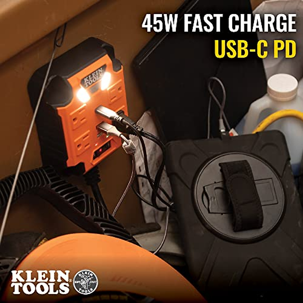 Klein Tools 29601 Magnetic Power Strip with Surge Protector, Extension Cord, 4 Outlets, 3 USB Ports, 5-Foot Cord, Power Supply Box with Light, PowerBox 1, Heavy Duty