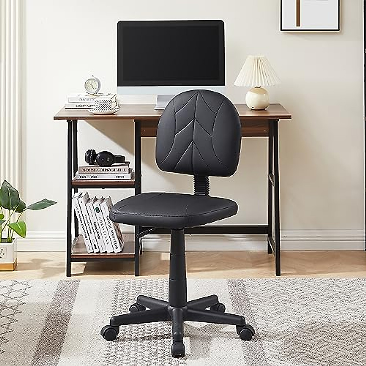 VECELO Small Office Chair, Computer Desk Chair Low-Backrest PU Leather NO Armrests Ergonomic,with 360°Quiet Swivels Adjustable Height for Home Office Study Room,Black
