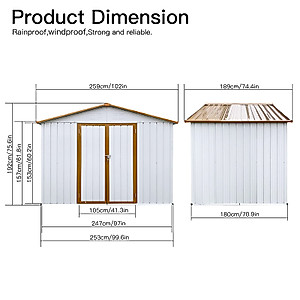 BOVONO Storage Sheds 8ftx6ft, Waterproof Metal Utility Tool Shed Storage House with Door & Lock, Perfect for Garden, Patio& Backyard (White +Yellow)