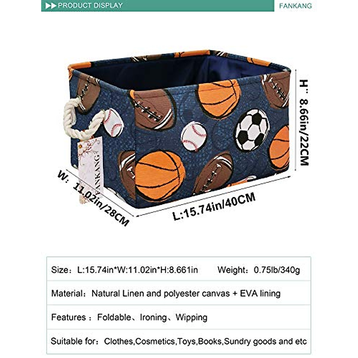 FANKANG Rectangular Laundry Basket Nursery Storage Fabric Storage Bin Storage Hamper,Book Bag,Gift Baskets(Navl-ball game)